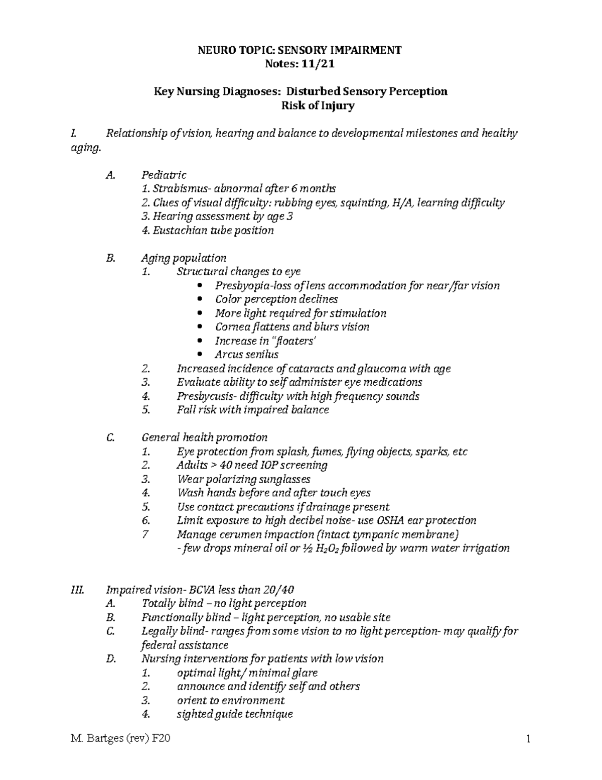 Sensori-Neuro Notes - NEURO TOPIC: SENSORY IMPAIRMENT Notes: 11/ Key ...