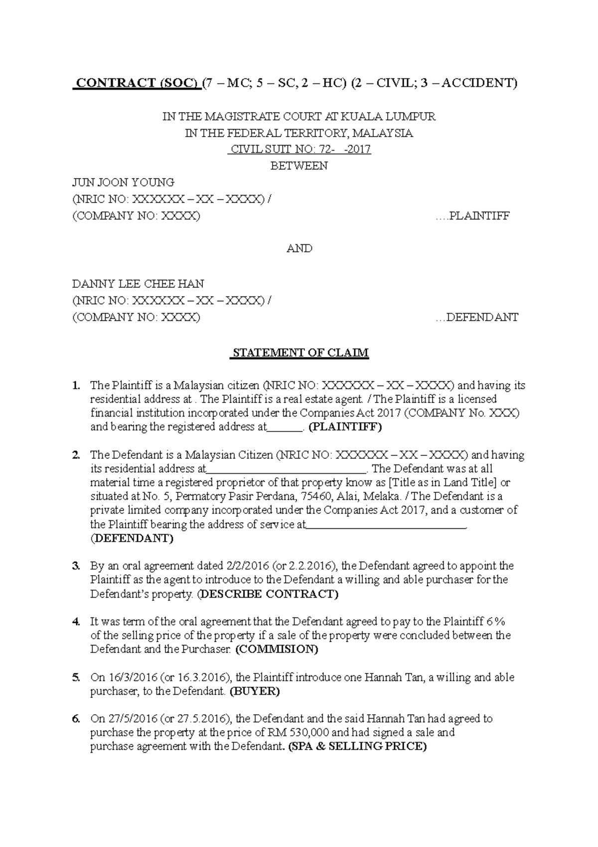 Topic 1 - Civil Procedure 2 Draft Pleadings-converted - CONTRACT (SOC ...