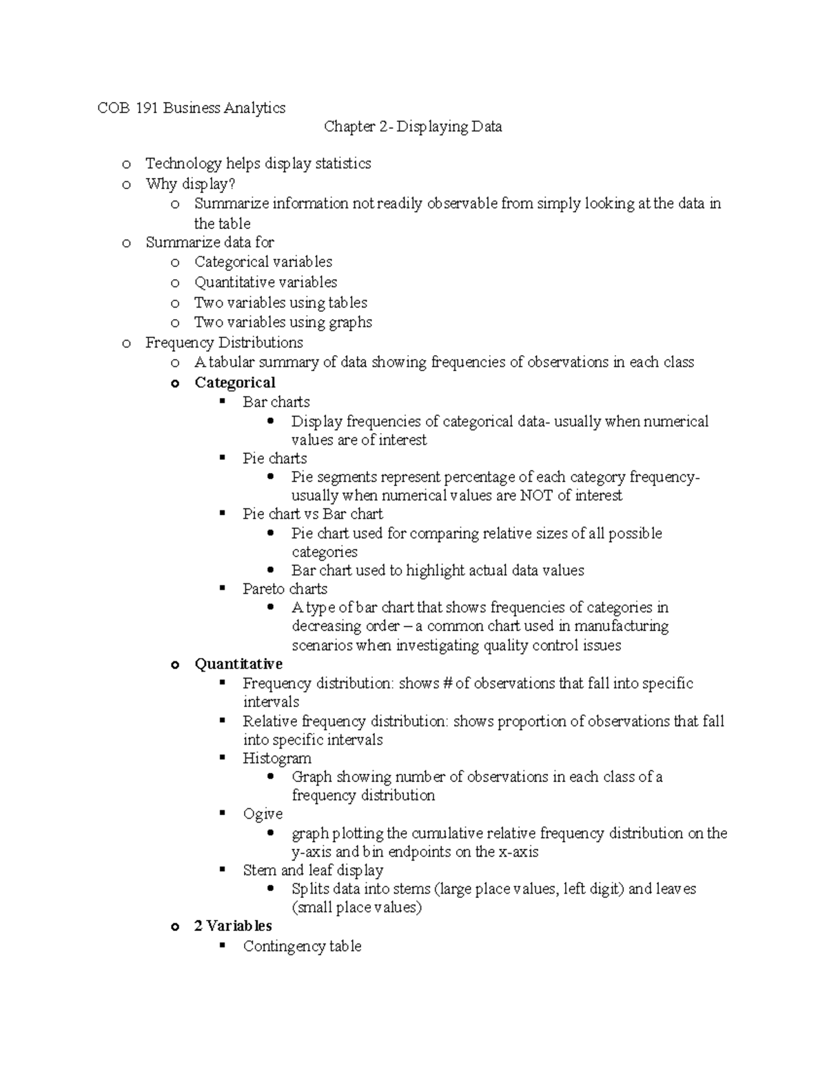 COB 191- Chapter 2 Notes - COB 191 Business Analytics Chapter 2 ...