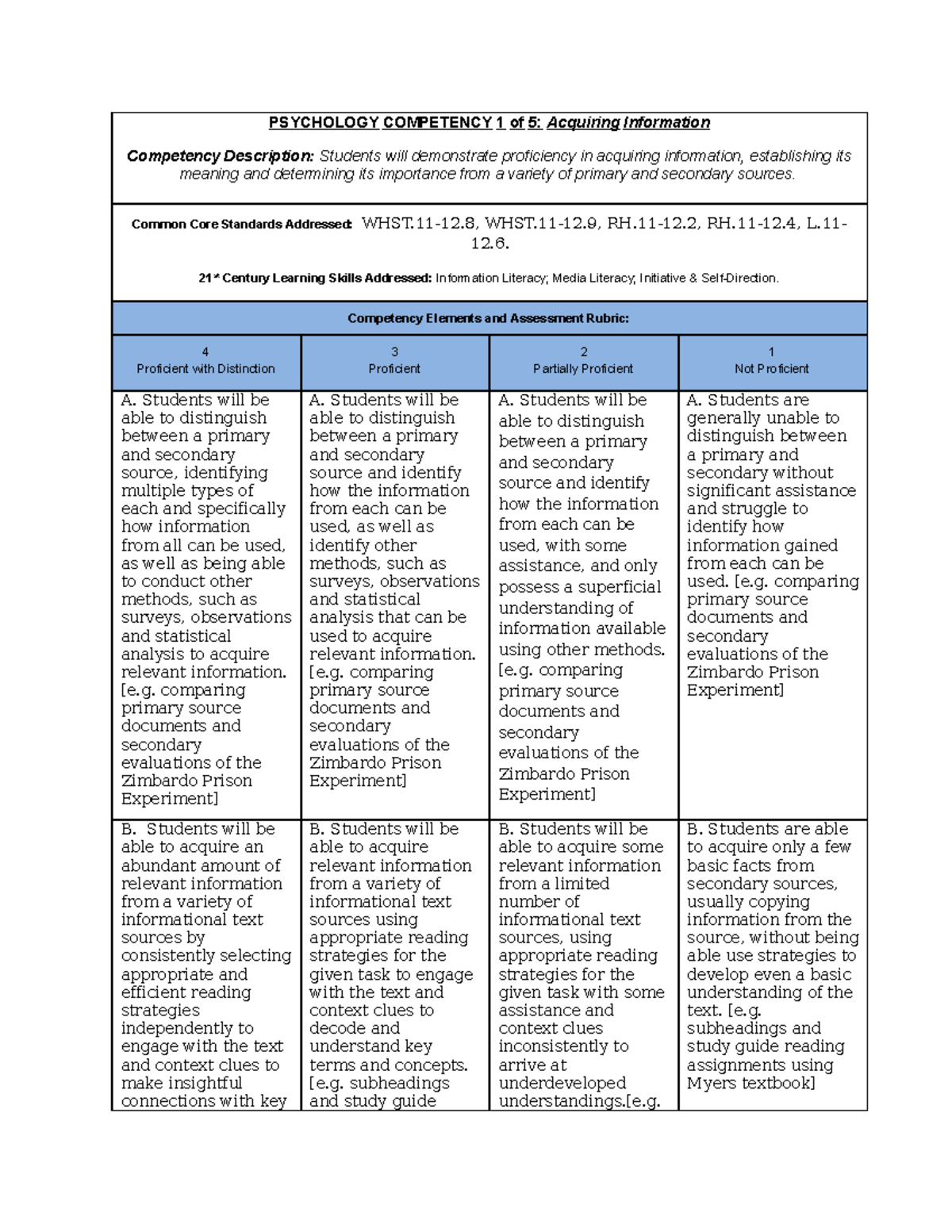 Psychology- Competencies-1415 - PSYCHOLOGY COMPETENCY 1 of 5: Acquiring ...