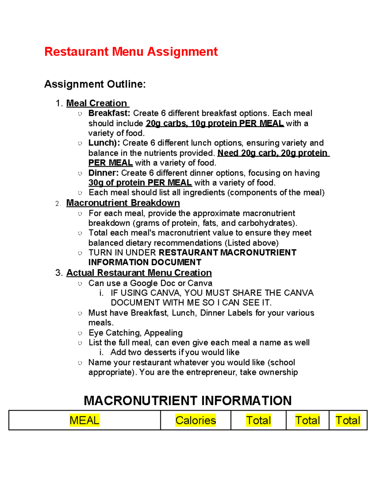Caleb Winkler - Restaurant Menu Assignment-8th Grade - Restaurant Menu ...