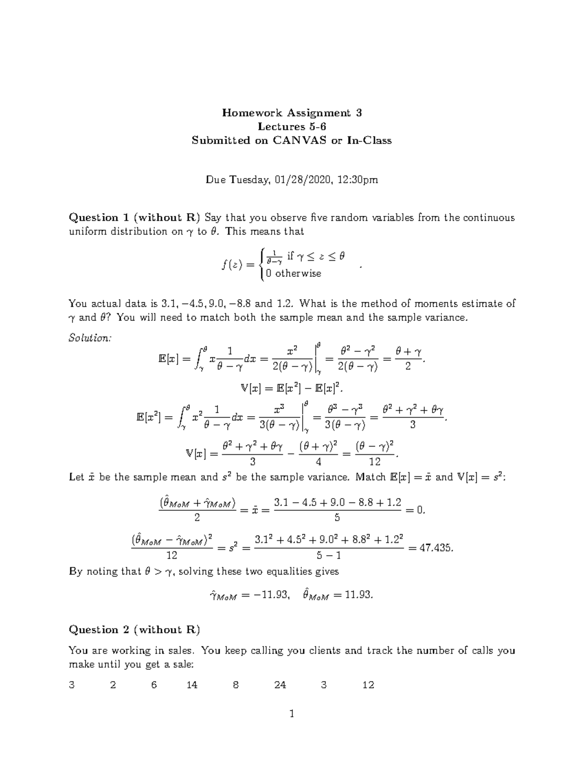 Homework-3-KEY - Homework Assignment 3 Lectures 5- Submitted on CANVAS or In-Class Due Tuesday ...