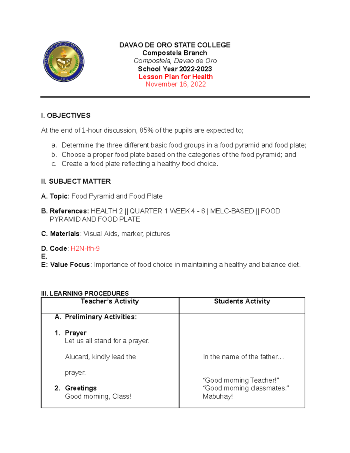 DLP - FOOD Pyramid and FOOD Plate - DAVAO DE ORO STATE COLLEGE ...