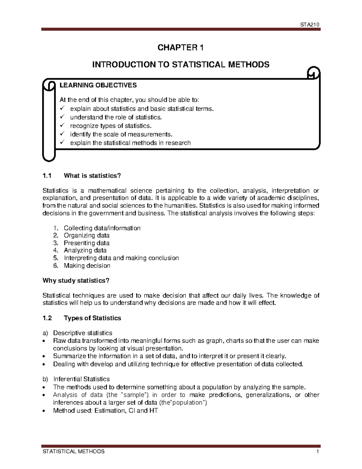 Chapter 1 NOTE - ............ - CHAPTER 1 INTRODUCTION TO STATISTICAL ...