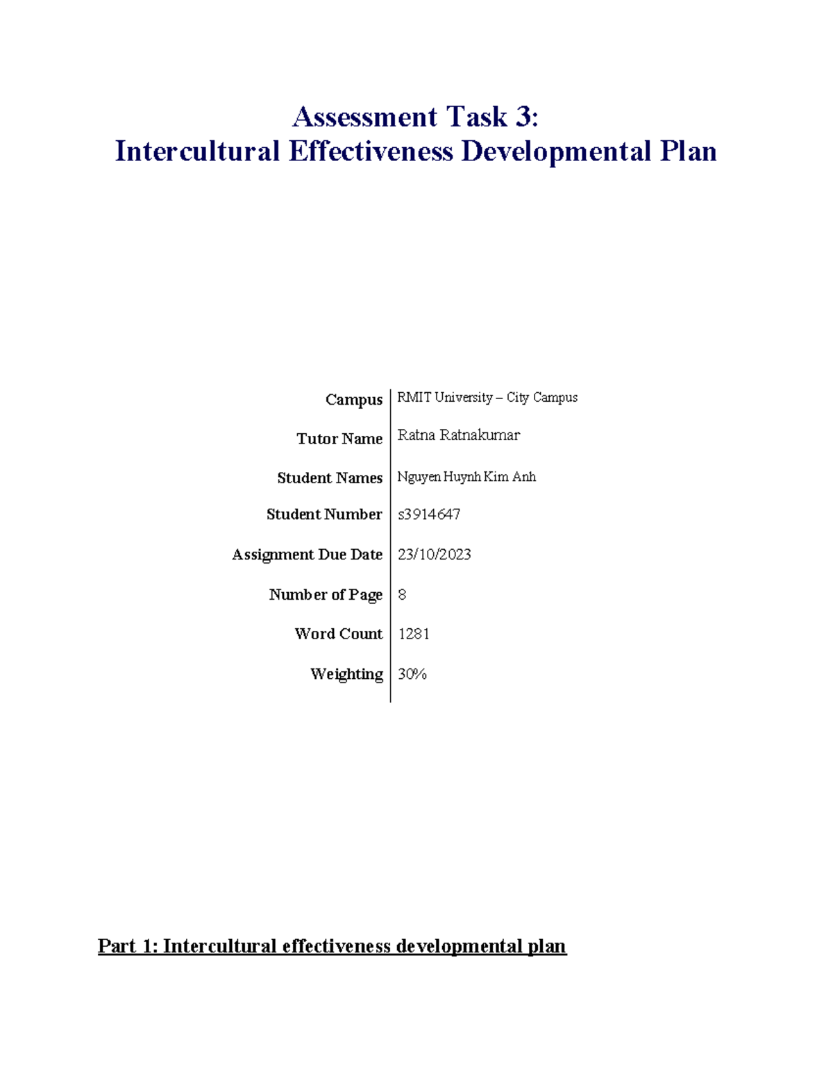 Assessment Task 3 - Cross Culture Management - Assessment Task 3 ...
