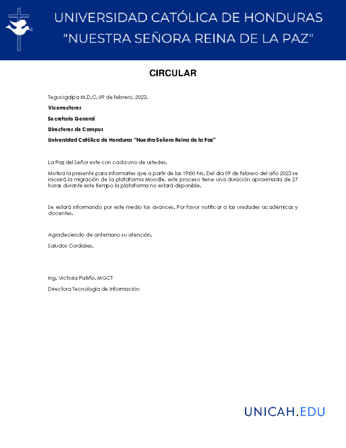 Circular Sistemas Moodle 2 importante - CIRCULAR Tegucigalpa M.D. 09 de febrero, 2023 ...