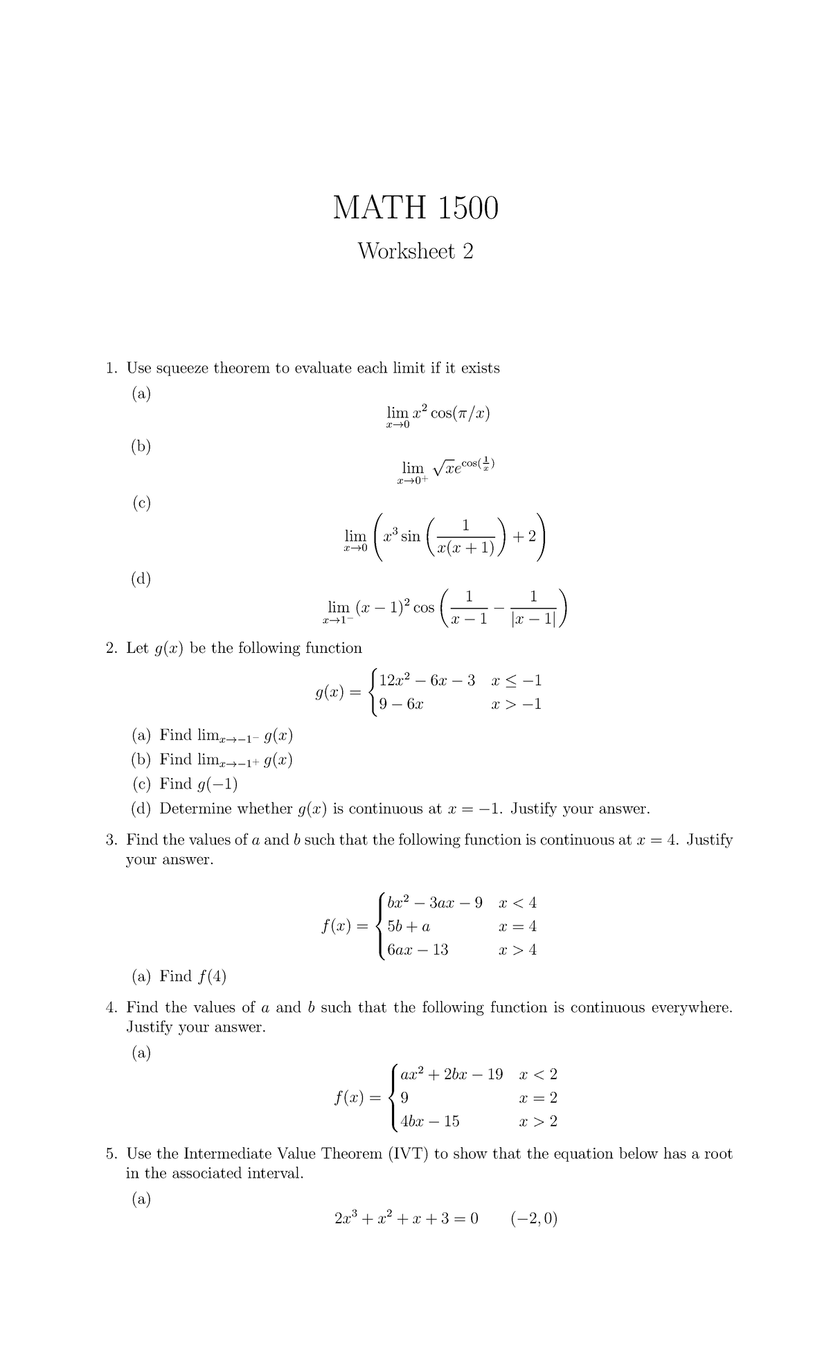 Worksheet 2 - practice - MATH 1500 Worksheet 2 Use squeeze theorem to ...