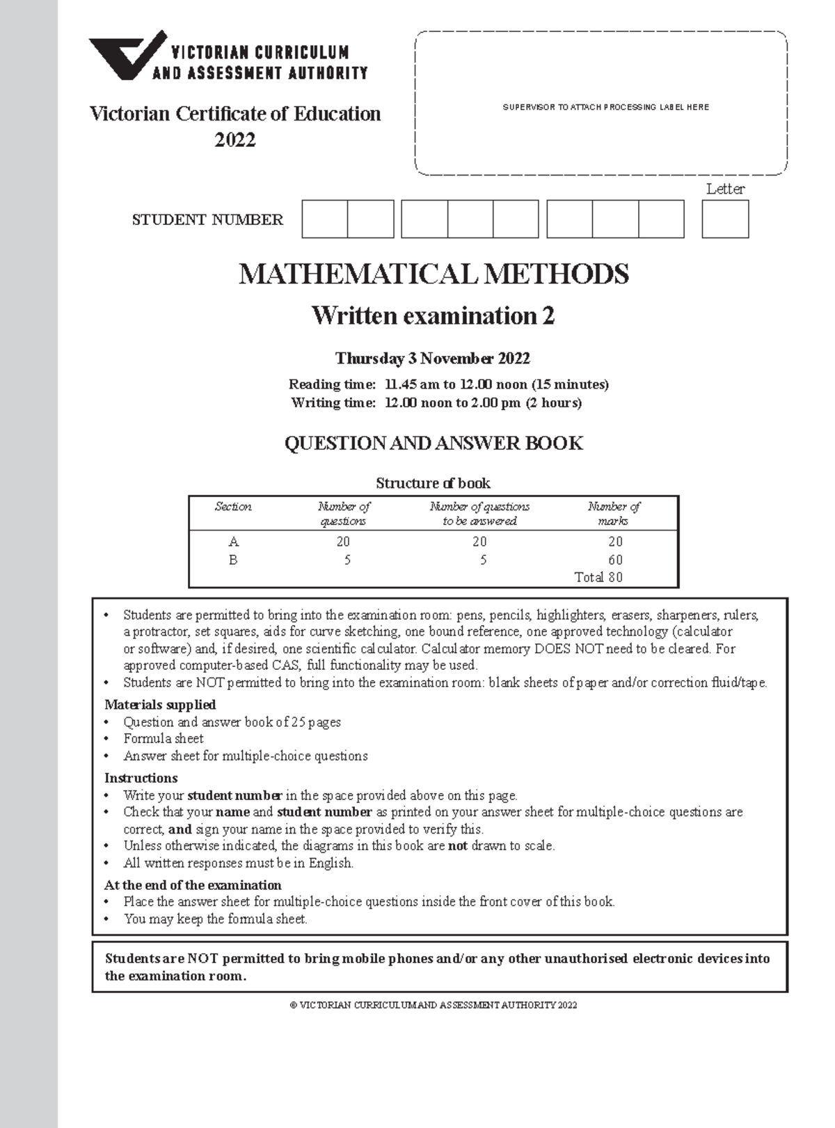 2022 Maths Methods Exam 2 - MATHEMATICAL METHODS Written examination 2 ...