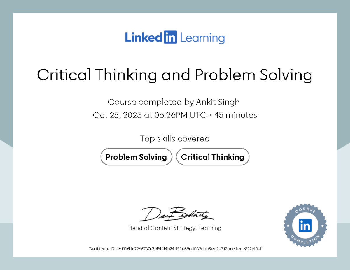 Certificate Of Completion Critical Thinking and Problem Solving - Critical Thinking and Problem ...