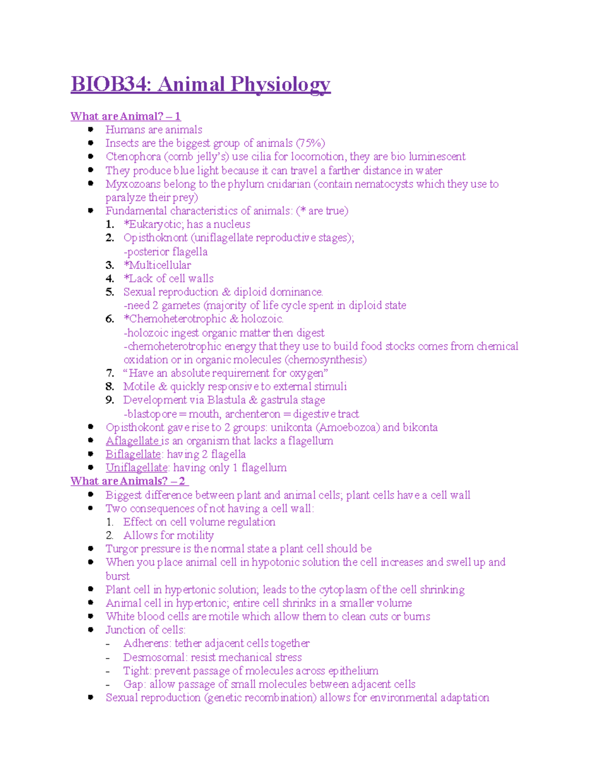 Animal Bio - Lecture notes 1-24 - BIOB34: Animal Physiology What are ...