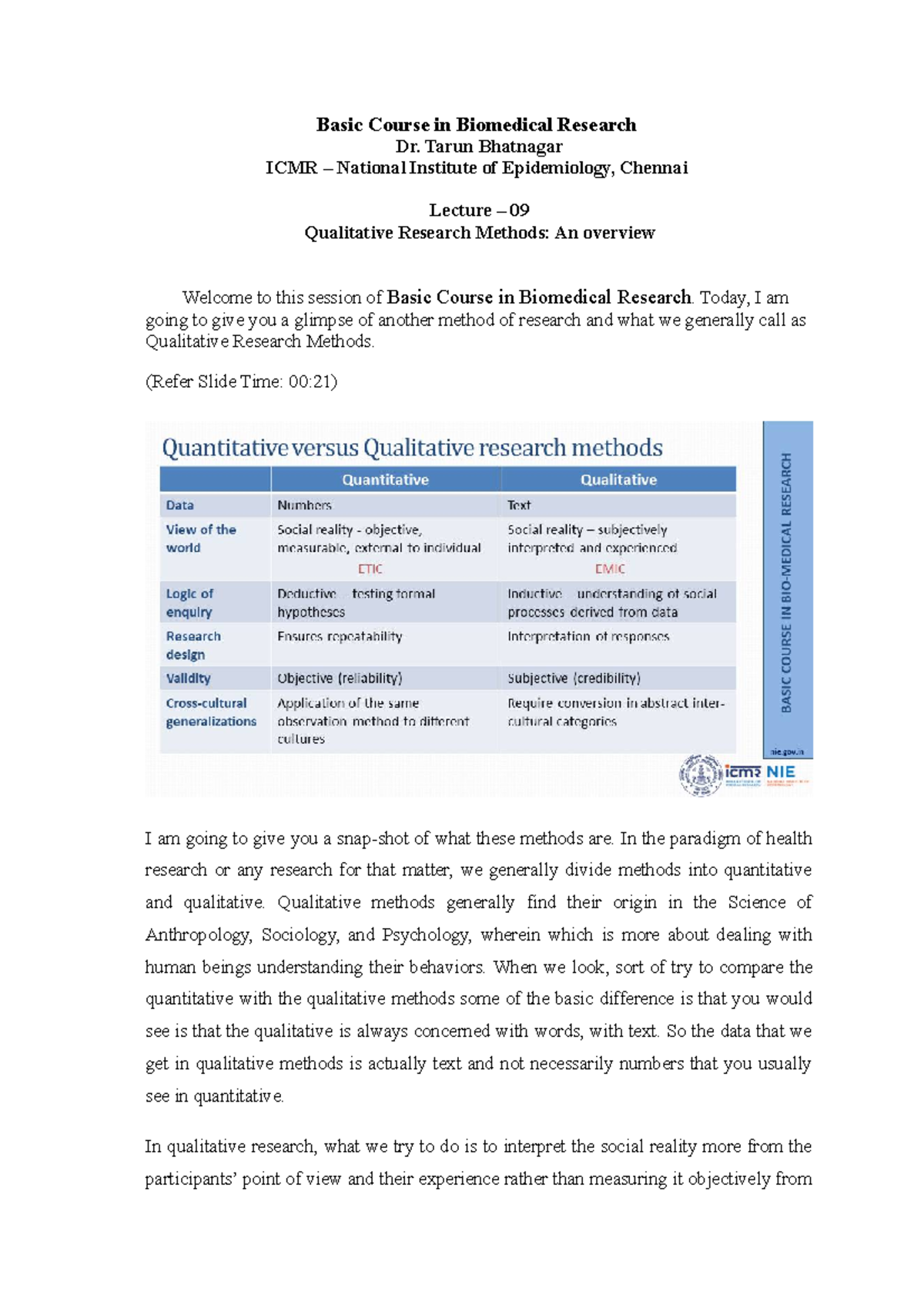 Lec-09 Qualitative research methods An overview - Basic Course in ...