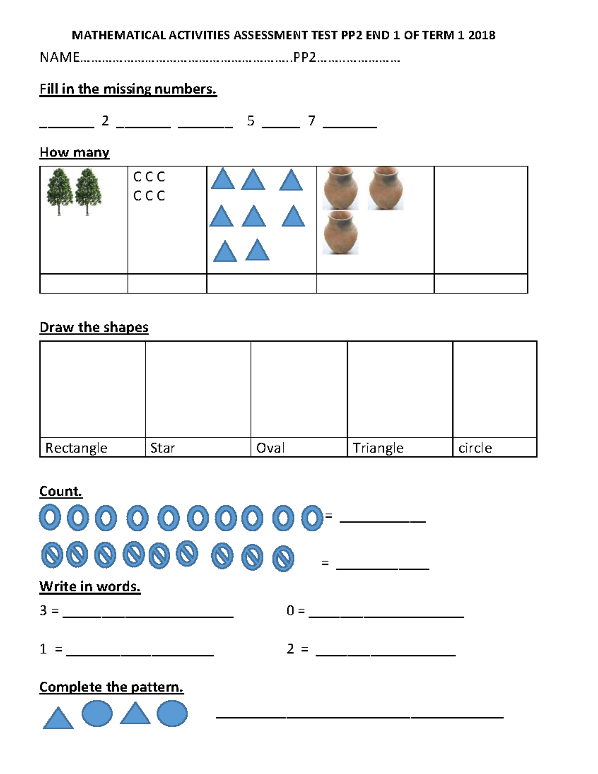 PP2 Assessment END TERM 1 2018 - MATHEMATICAL ACTIVITIES ASSESSMENT ...