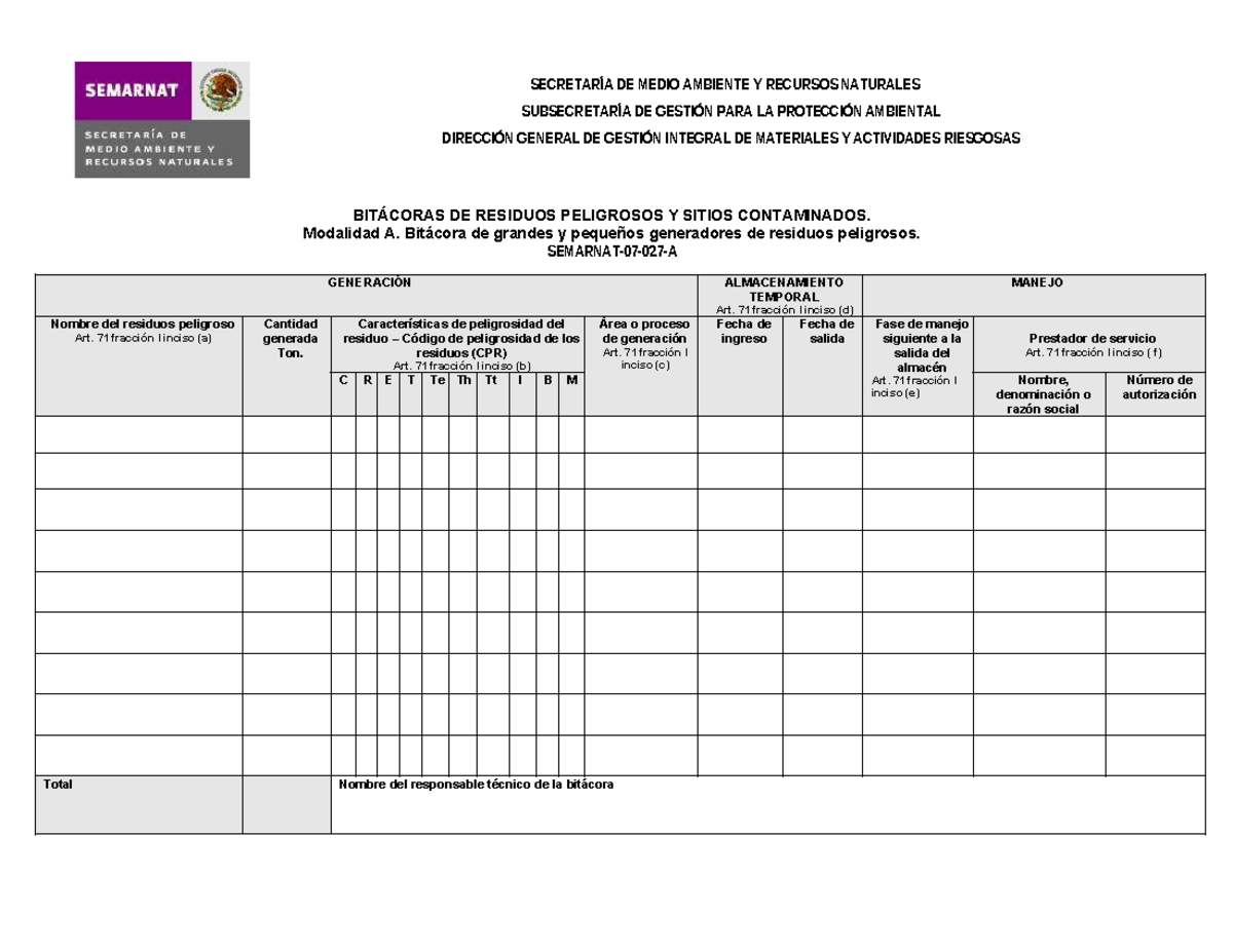 Bitacora DE Residuos Peligrosos 07-027A - SECRETARÍA DE MEDIO AMBIENTE ...