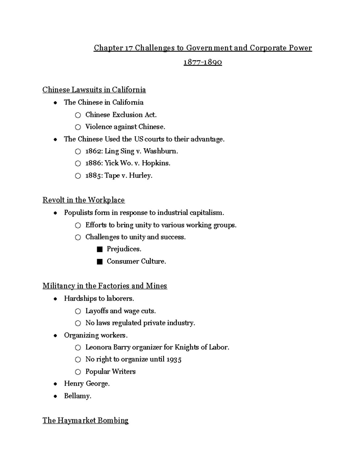Chapter 17 Challenges to Government and Corporate Power 1877-1890 ...