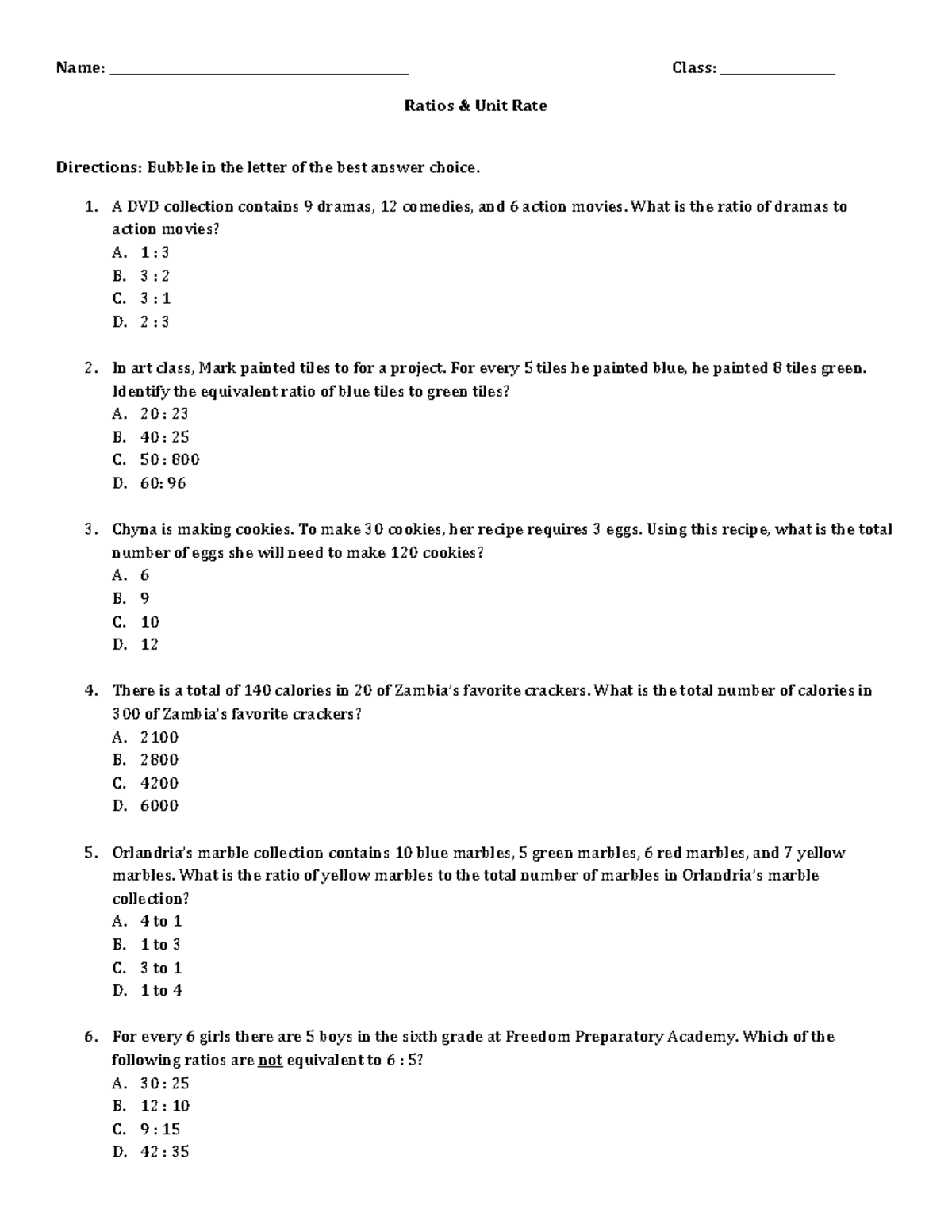 Ratio quiz - MATH CALCULUS - Name ...