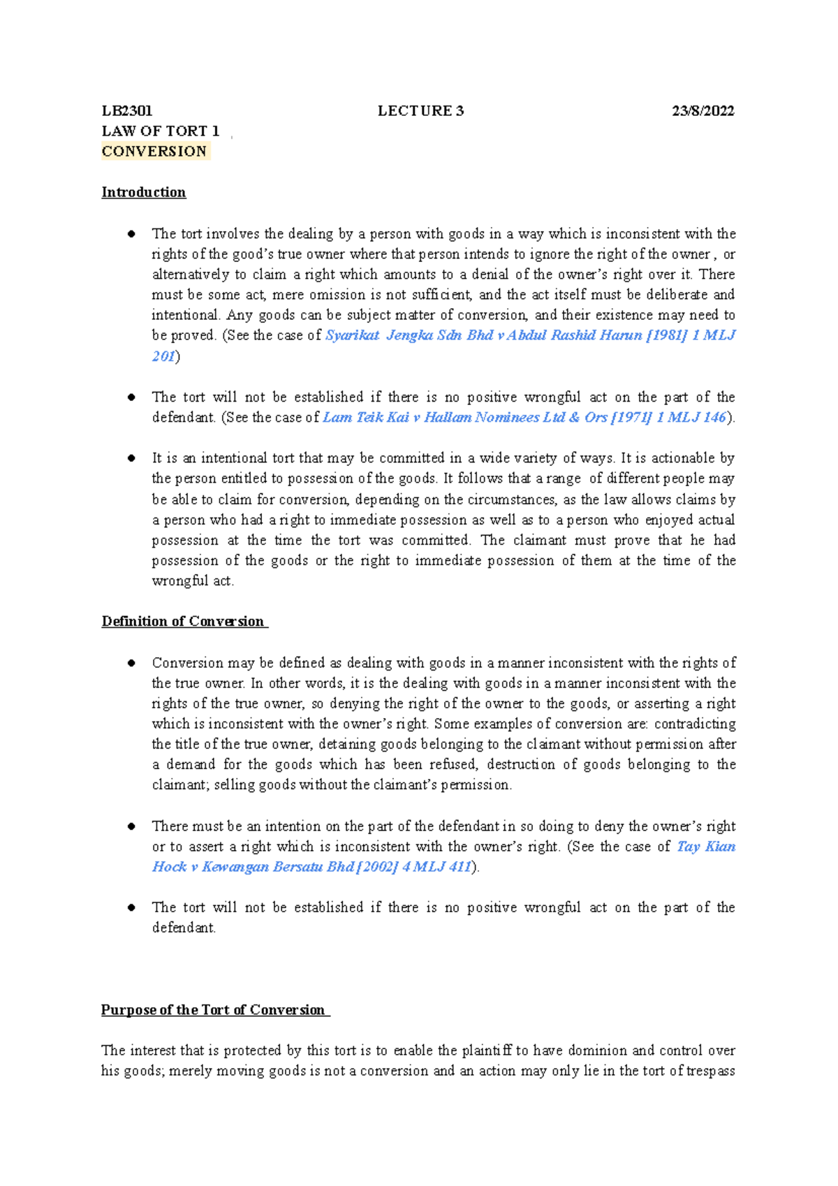 LB2301 Tort Lecture 3 - LB2301 LECTURE 3 23/8/ LAW OF TORT 1 CONVERSION ...