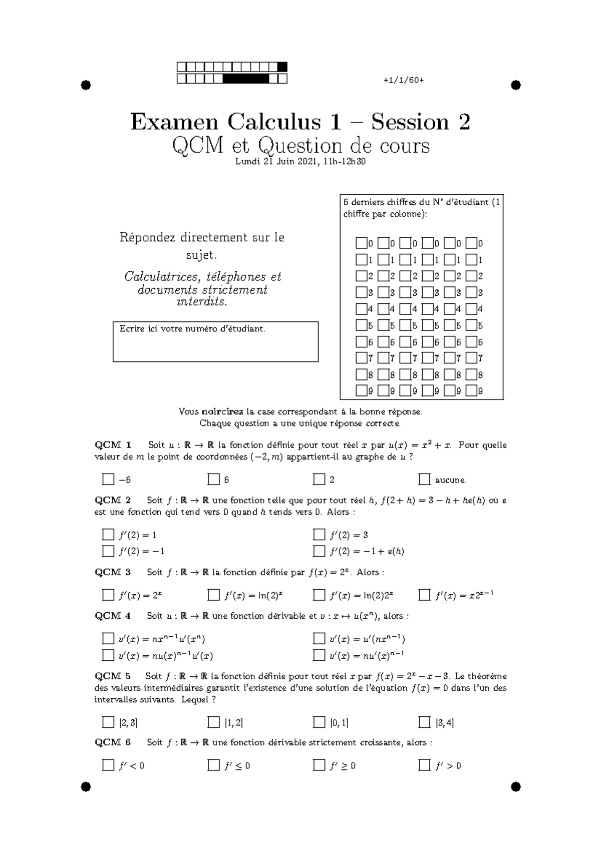 Calculus 1 Exam Session 2 2020 2021 - Examen Calculus 1 – Session 2 QCM ...