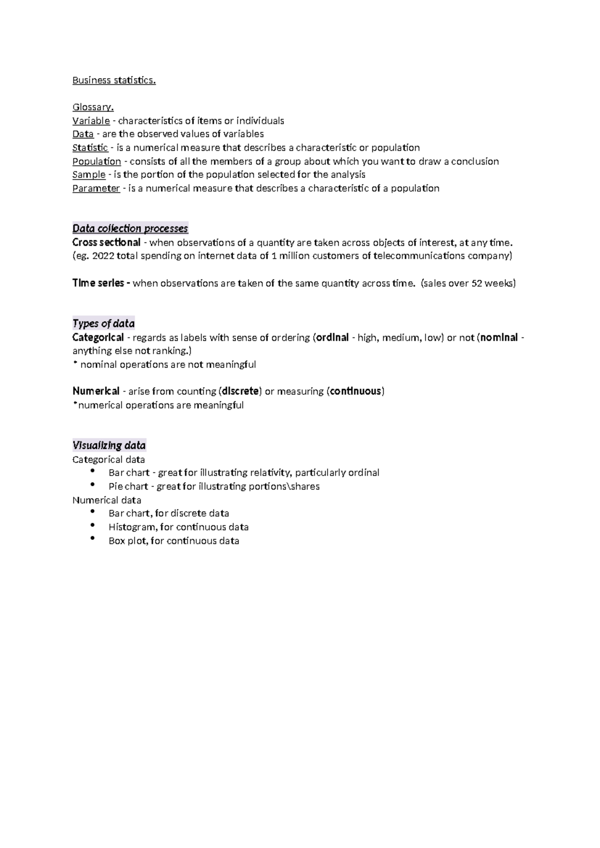 Bus stats, week 1 notes summary - Business statistics. Glossary ...