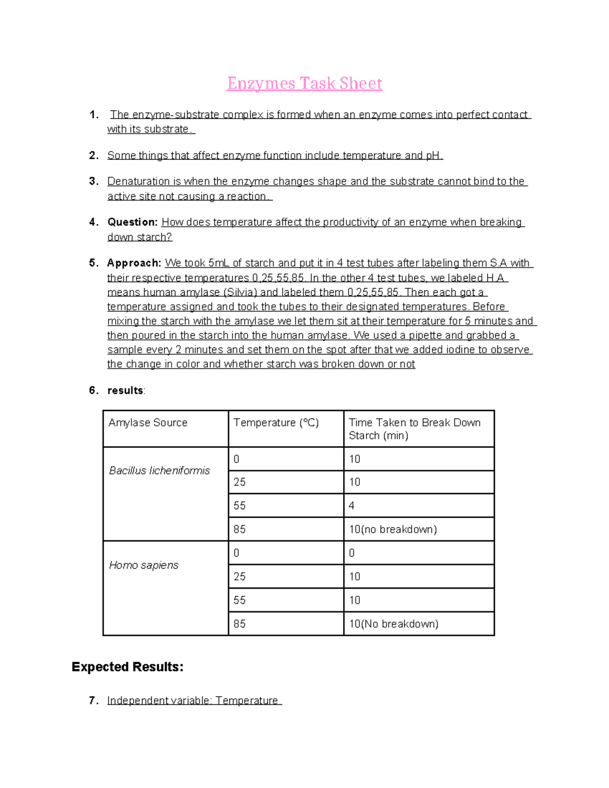 Enzymes Task Sheet - Enzymes Task Sheet The enzyme-substrate complex is ...