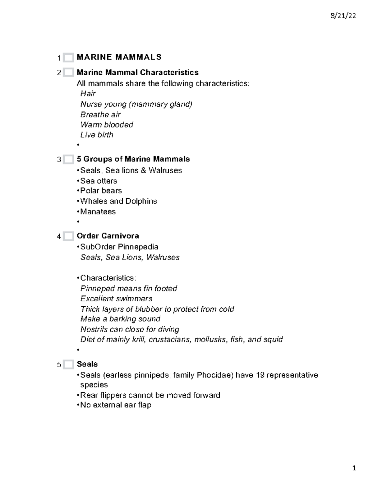 Lab 13- Marine Mammals - 8/21/ 1 MARINE MAMMALS Marine Mammal ...