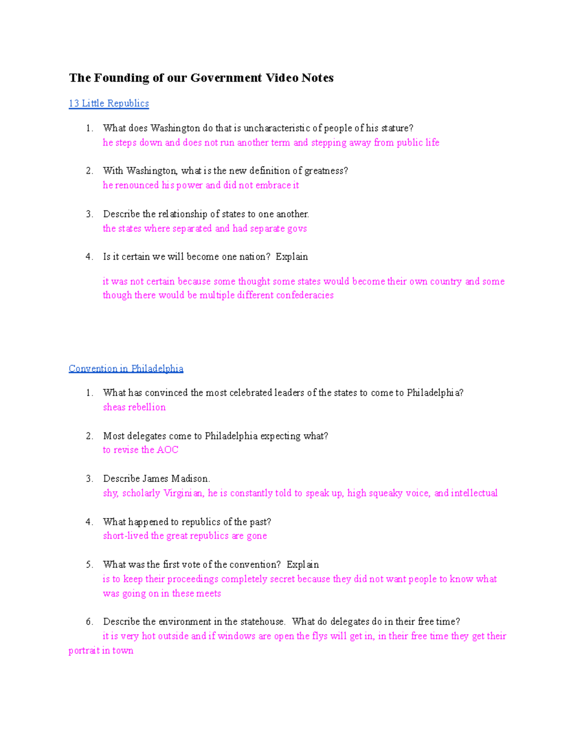 The Founding of Our Government Video Notes - What does Washington do ...