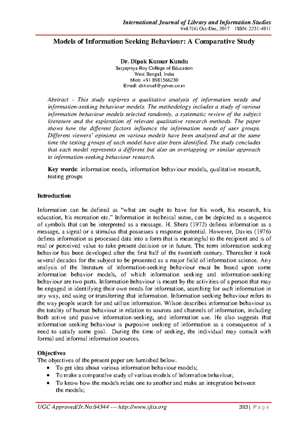 Models of information seeking behaviour a comparative study - Vol( 4 ...