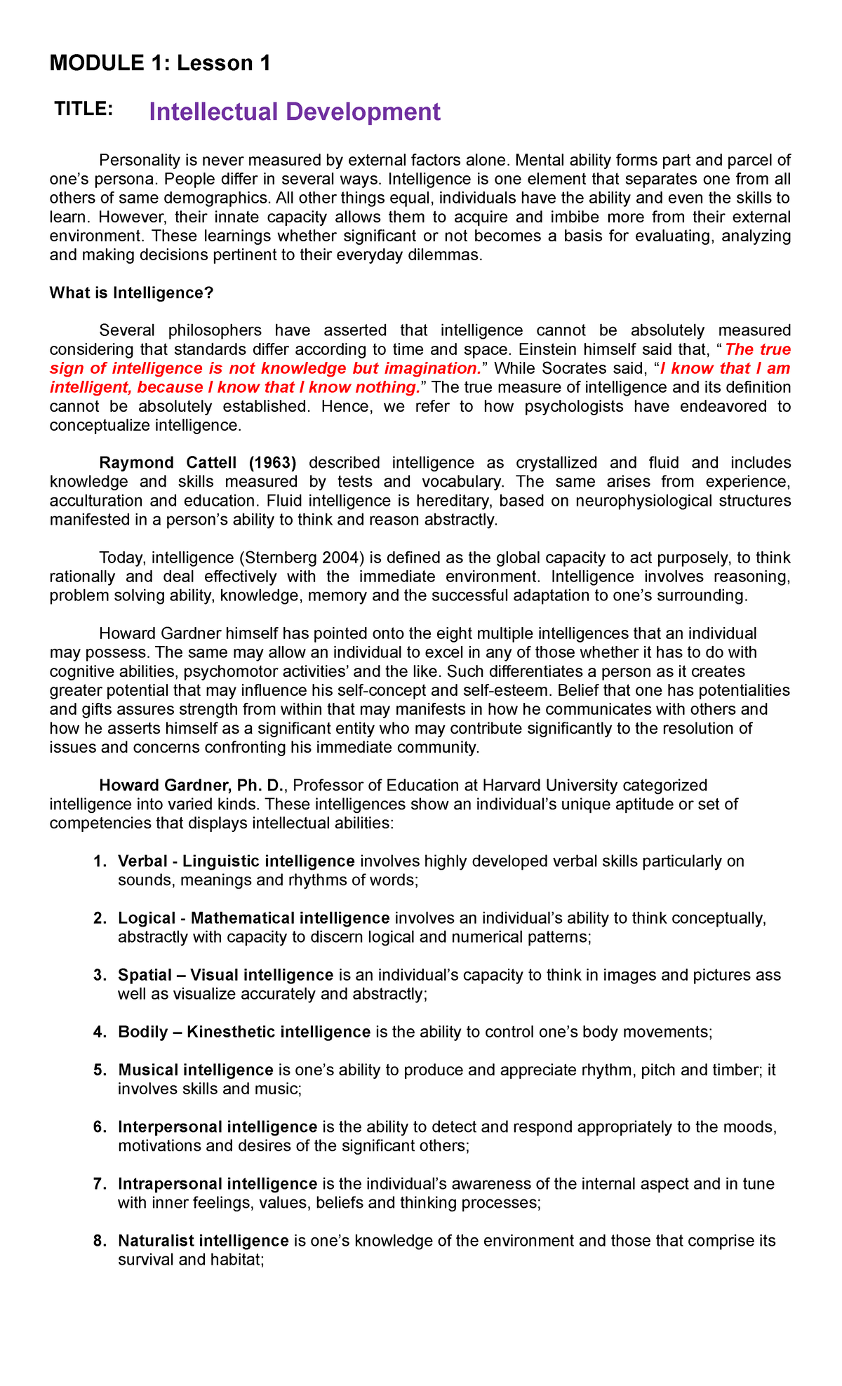 Euthenics - Lecture notes 1-3 - MODULE 1: Lesson 1 TITLE: Intellectual ...