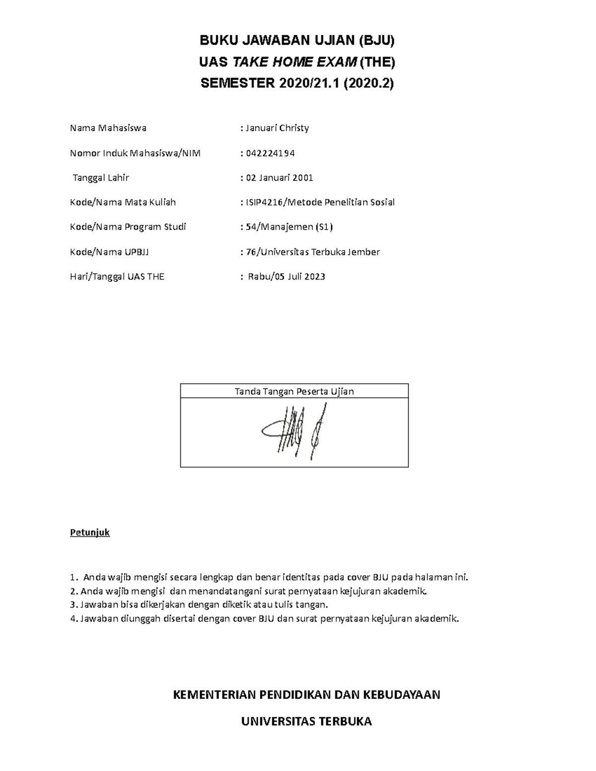 Januari Christy 042224194 Metode Penelitian Sosial - BUKU JAWABAN UJIAN (BJU) UAS TAKE HOME EXAM ...