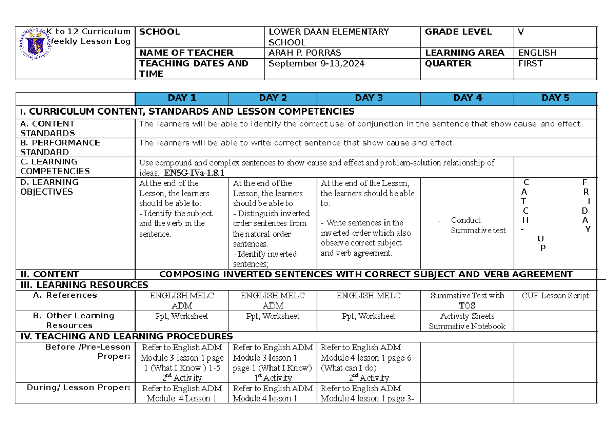 NEW LP - lesson plan week 8 grade 5 - K to 12 Curriculum Weekly Lesson ...