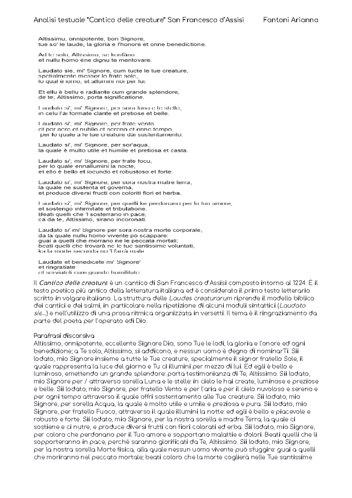 Analisi testuale cantico creature - Analisi testuale “Cantico delle ...