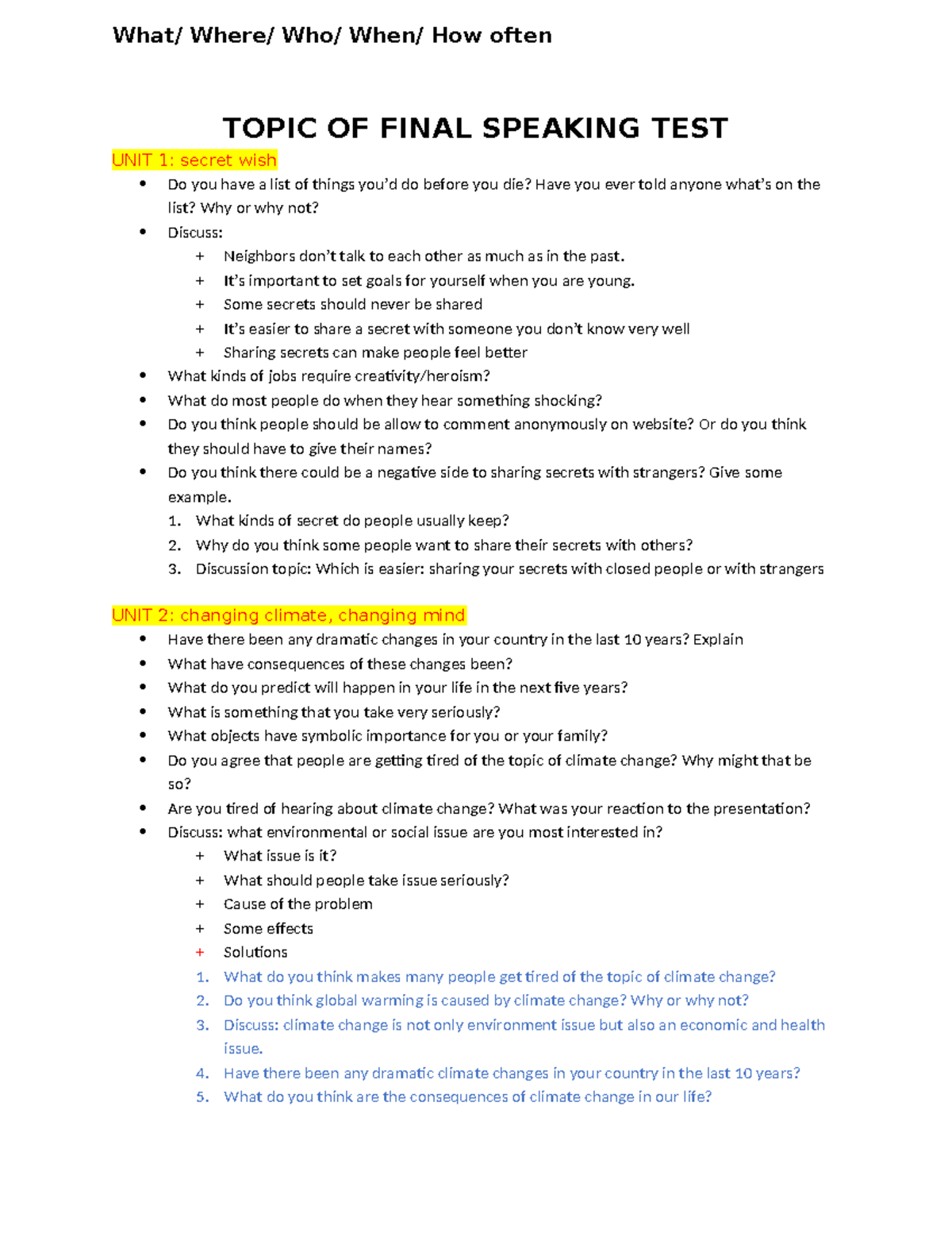 Topic OF Final Speaking TEST - TOPIC OF FINAL SPEAKING TEST UNIT 1 ...