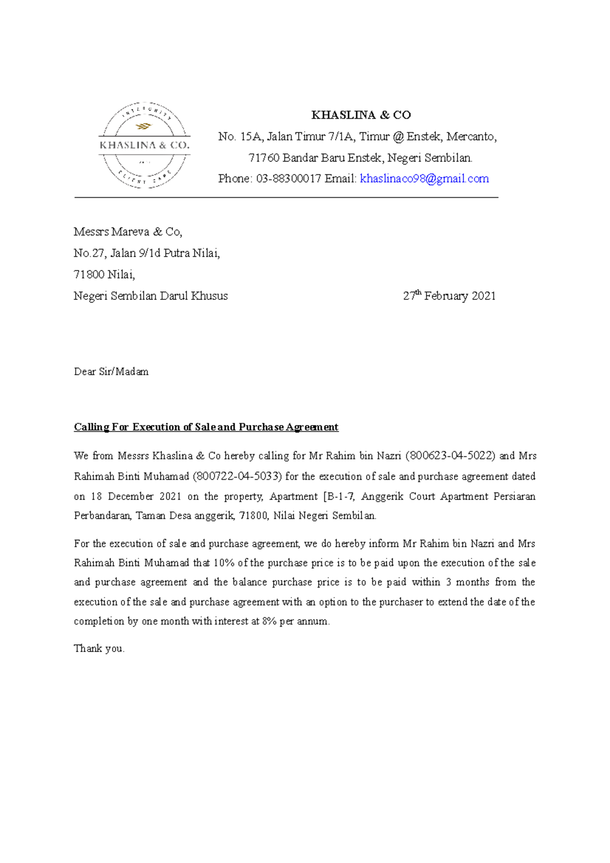 Letter FOR Execution OF S&P - Messrs Mareva & Co, No, Jalan 9/1d Putra ...