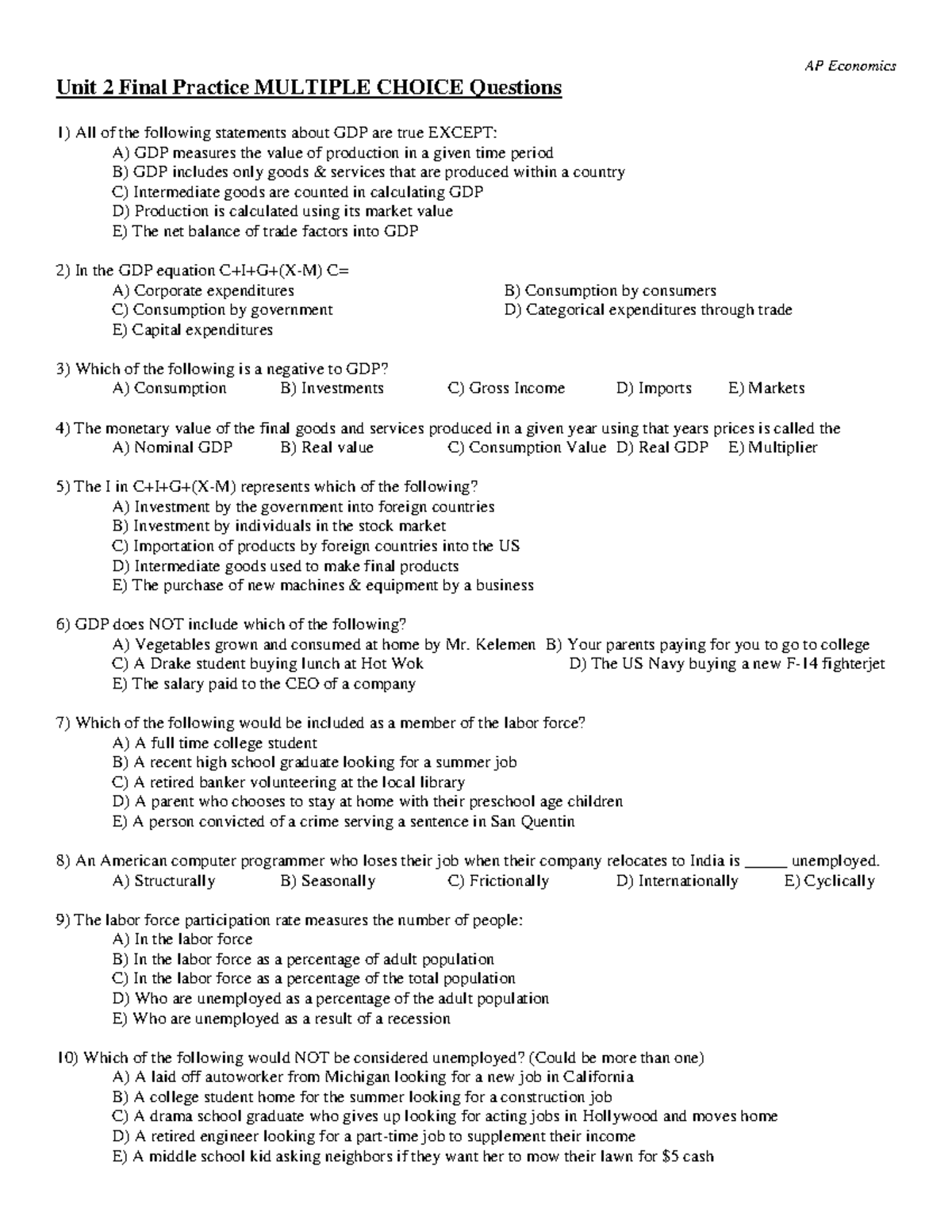Unit 2 Final Practice Problems - AP Economics Unit 2 Final Practice ...