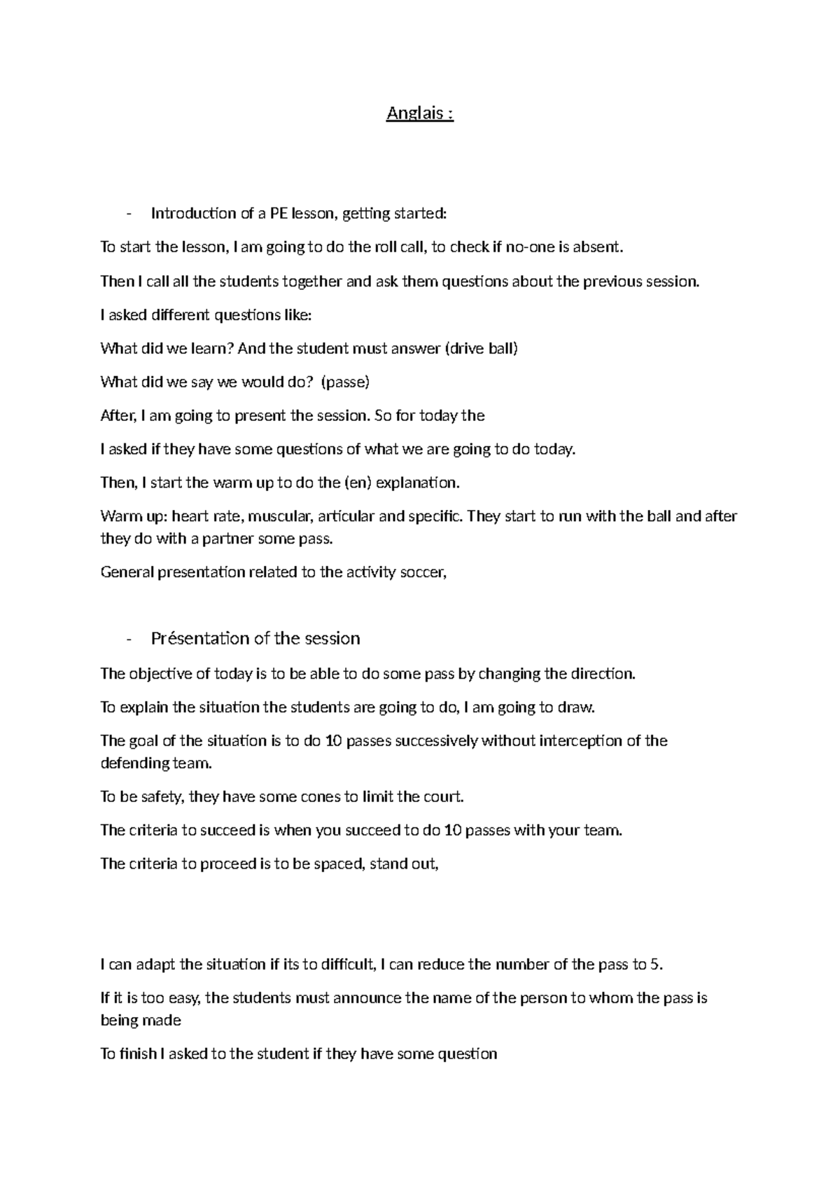 Oral - Oral d'anglais - Anglais : - Introduction of a PE lesson ...