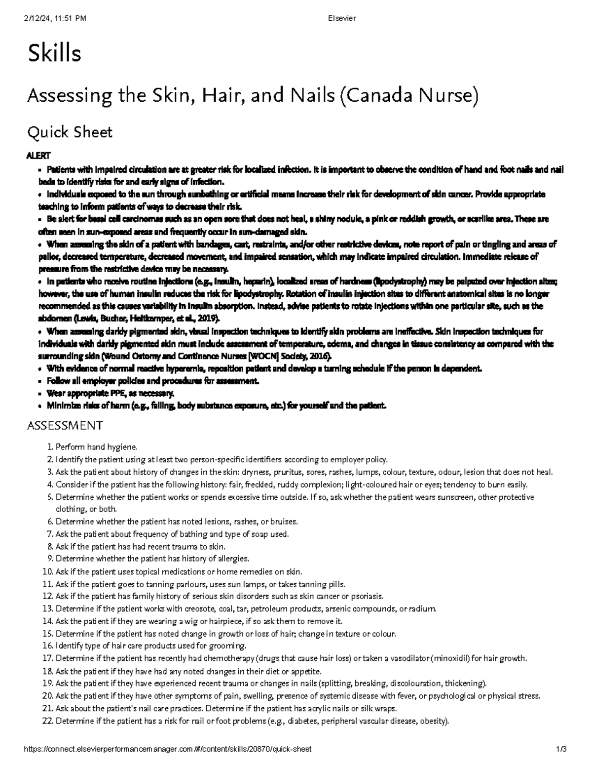 Assessing SKIN ( Integumentary) CLS - 2/12/24, 11:51 PM Elsevier - Studocu