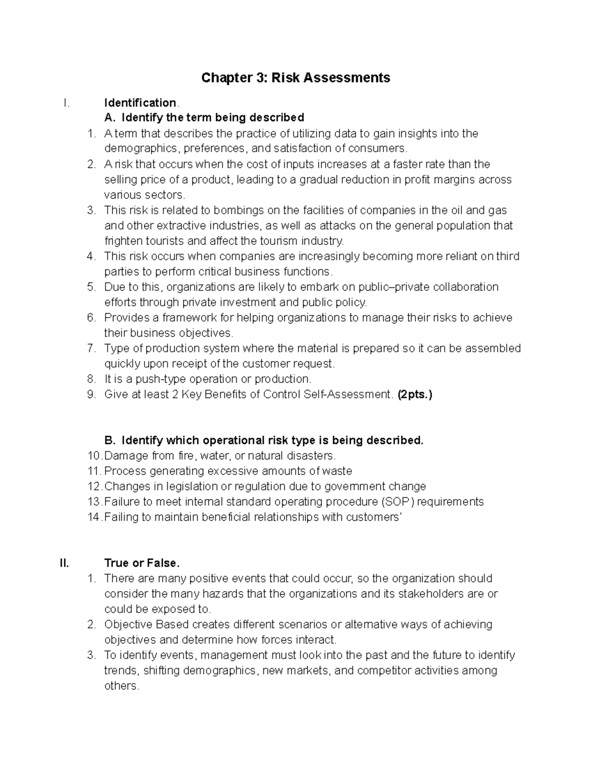 Chapter 3 Activity Chapter 3 Risk Assessments I Identification A Identify The Term Being
