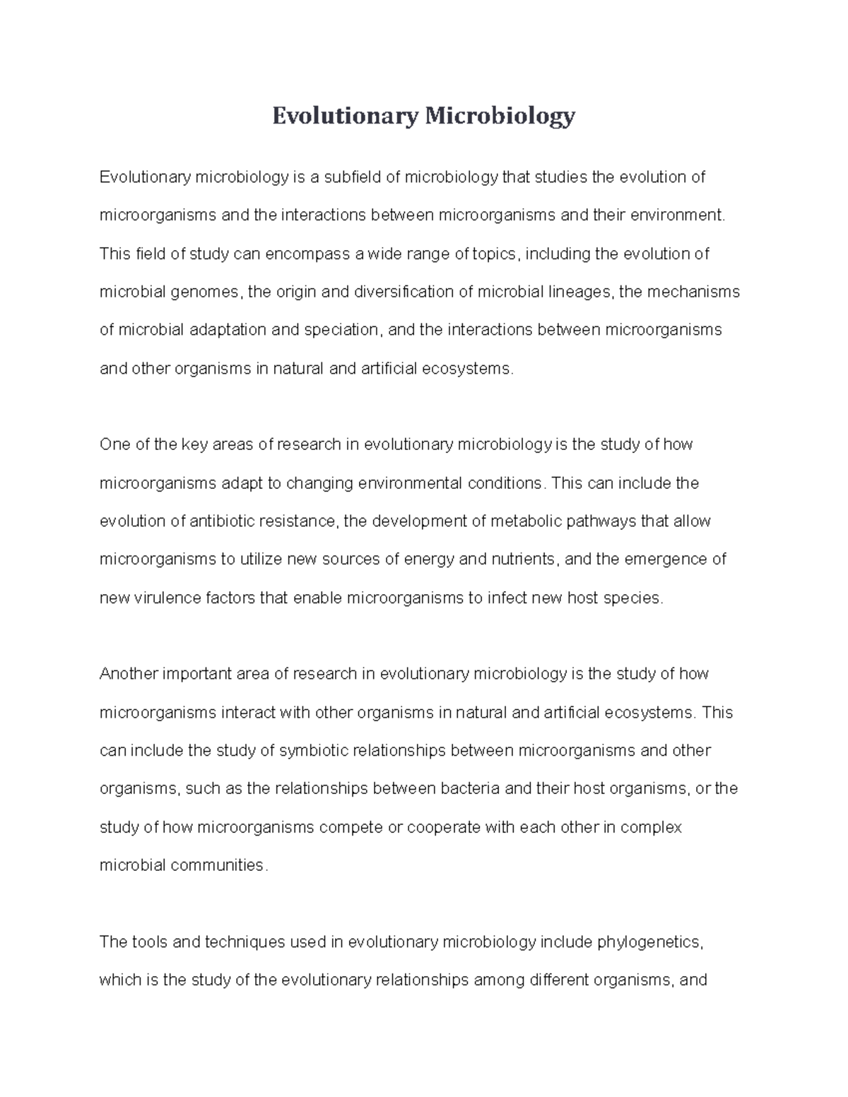 Overview Notes on evolutionary microbiology - Evolutionary Microbiology ...
