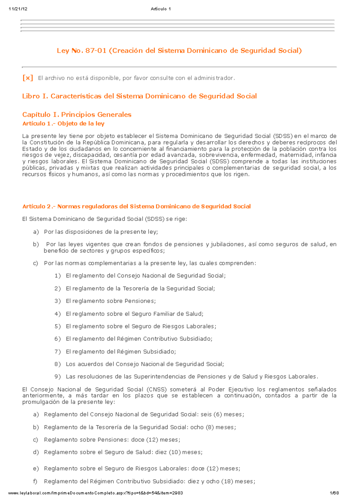 Documento ley 87-01 - Ley 87-01 - Ley No. 87-01 (Creación del Sistema ...