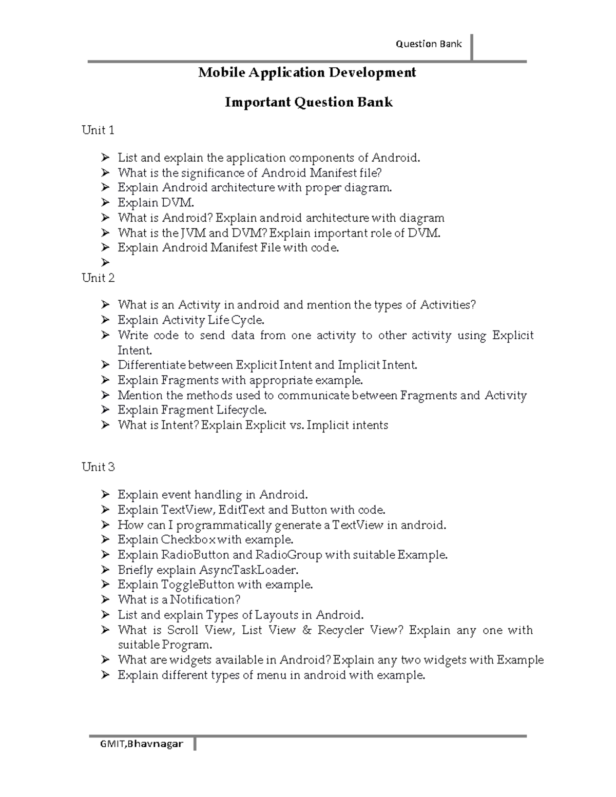 Mad Chapterwise Imp Question Bank - 2022 - Question Bank GMIT,Bhavnagar Mobile Application - Studocu