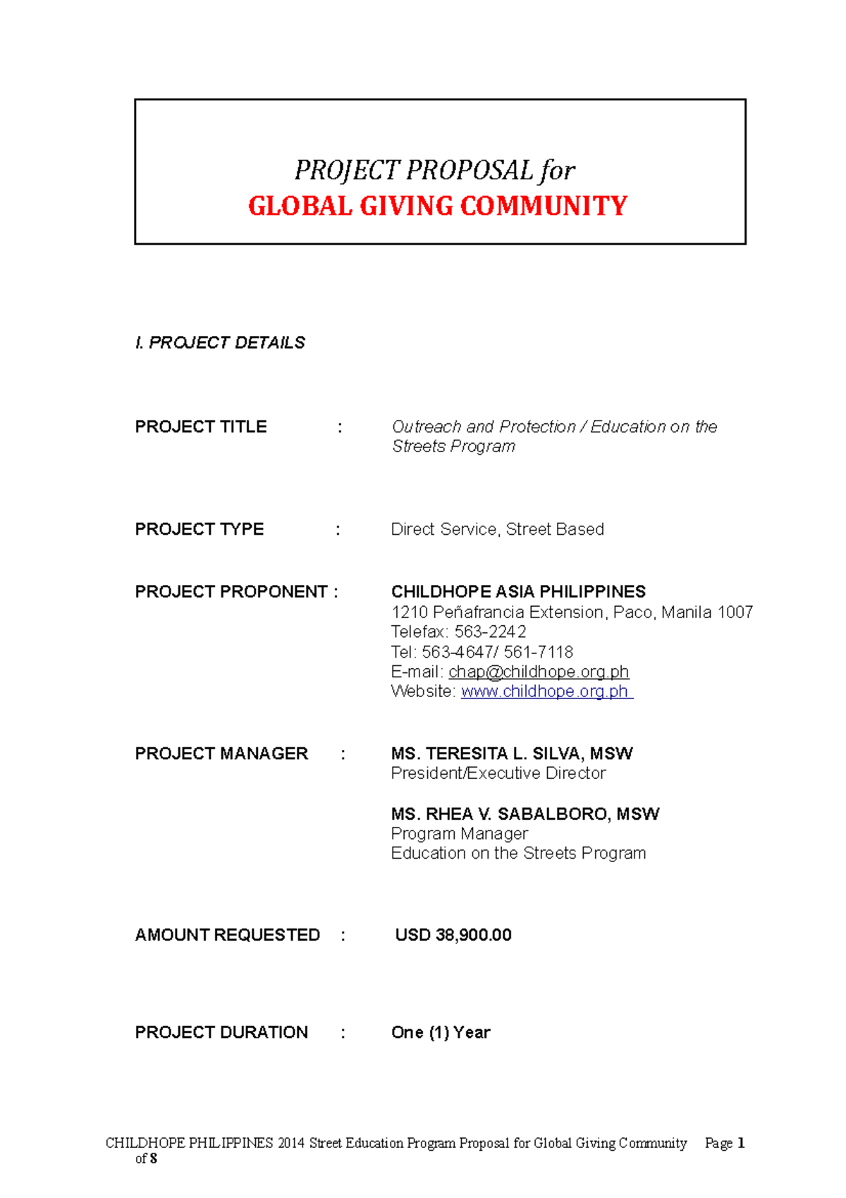 Projectproposal - Research - PROJECT PROPOSAL for GLOBAL GIVING ...