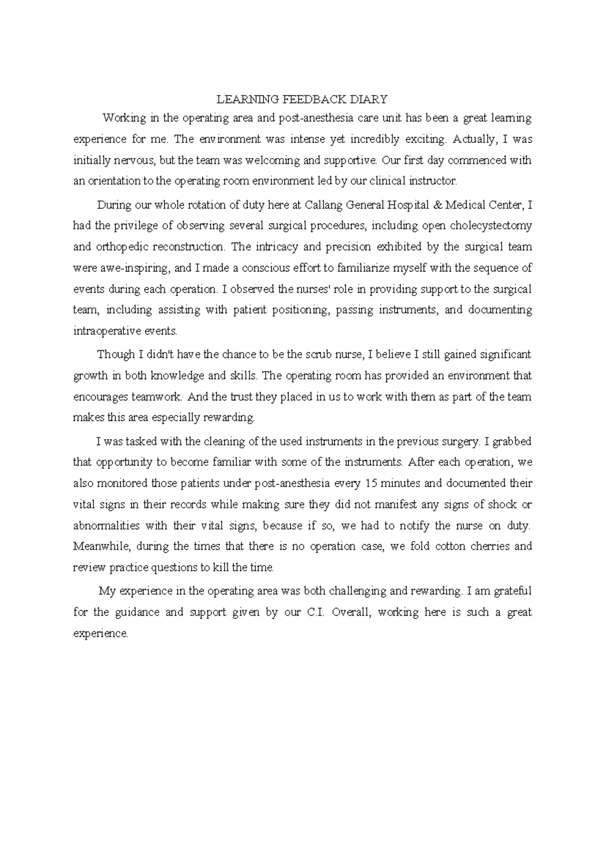 Learning feedback diary - LEARNING FEEDBACK DIARY Working in the ...