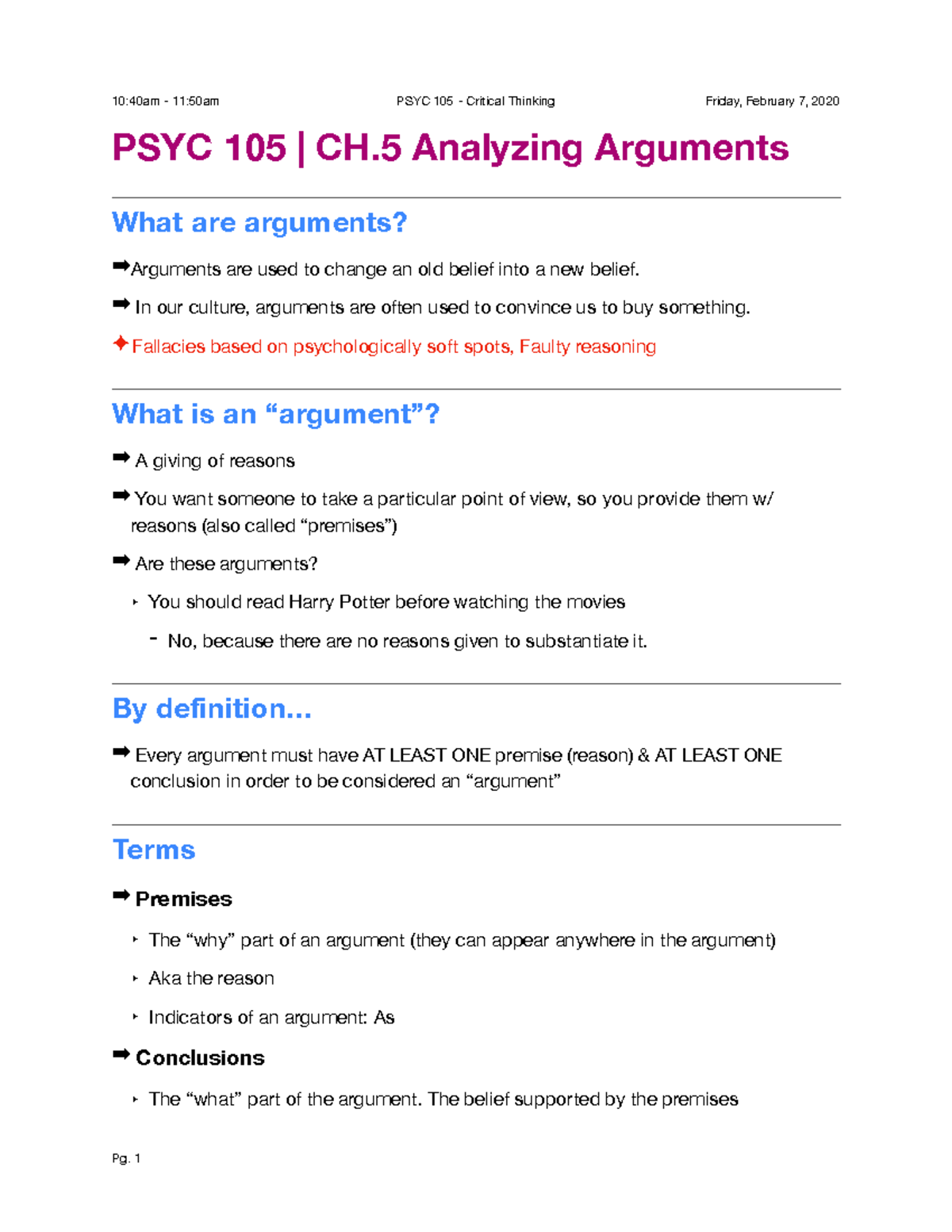 PSYC 105 CH.5 In-class notes - PSYC 105 | CH Analyzing Arguments What ...