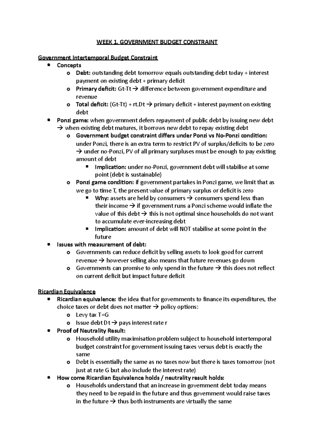 Review PFFP - Summary PFFP - WEEK 1. GOVERNMENT BUDGET CONSTRAINT ...