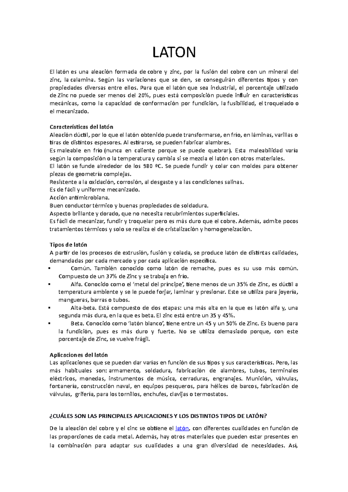 Laton .... .......... - LATON El latón es una aleación formada de cobre ...