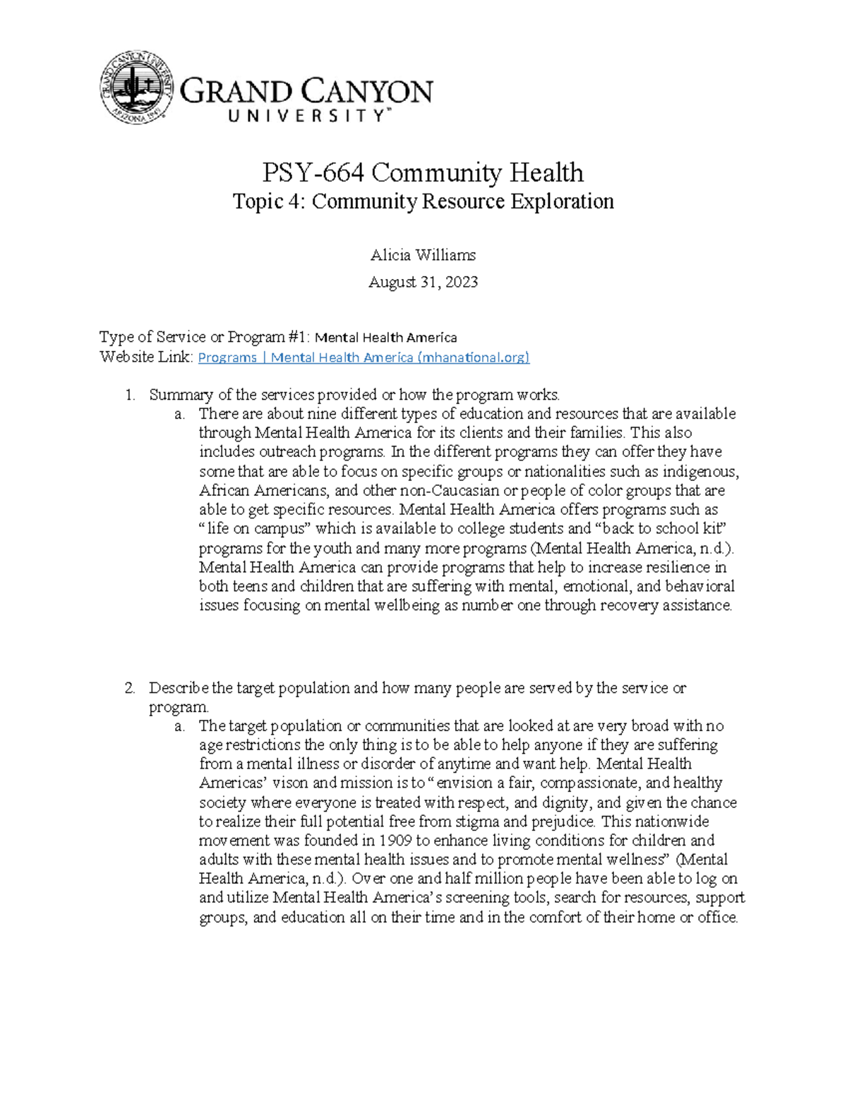 Community Resource Exploration - PSY-664 Community Health Topic 4 ...