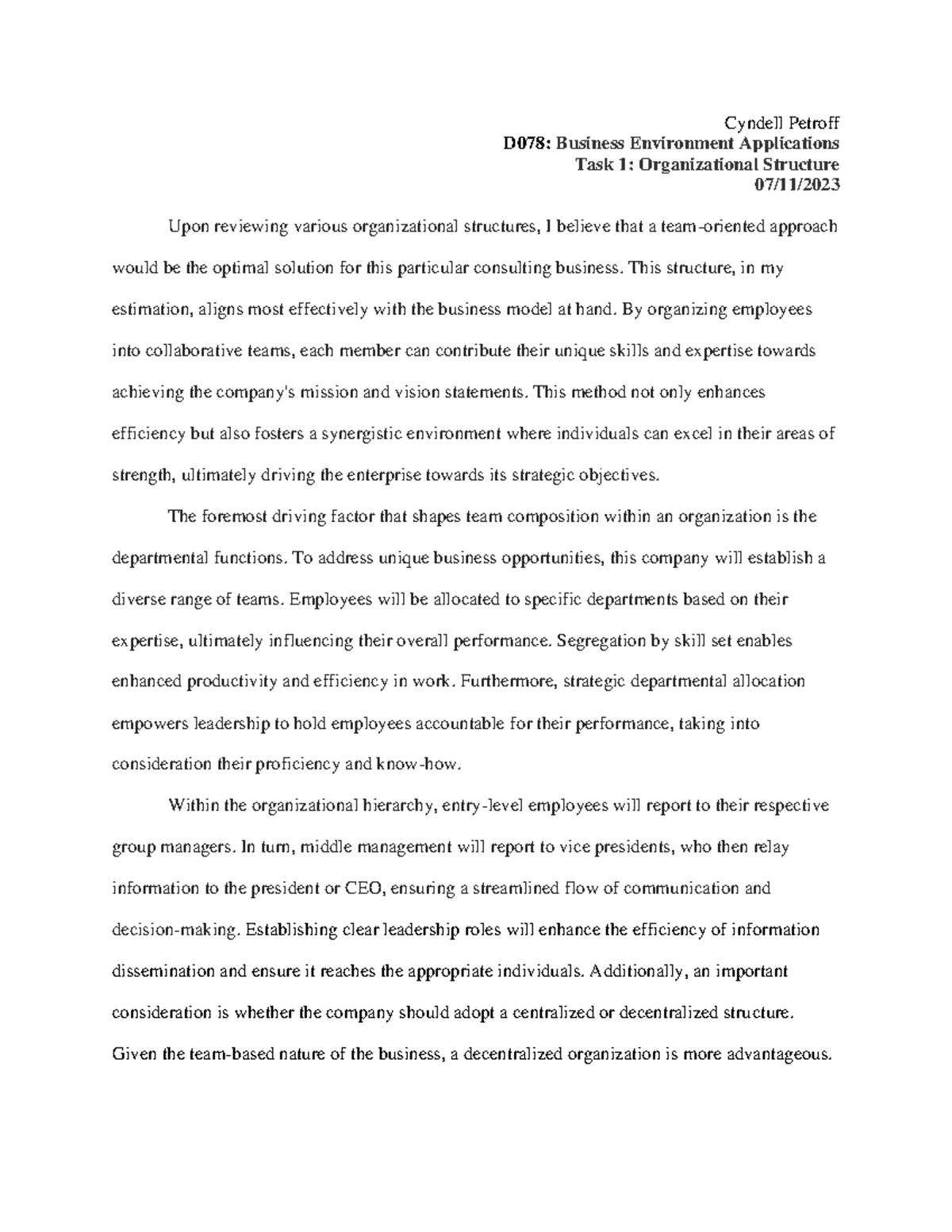 D078 Task 1 - Cyndell Petroff D078: Business Environment Applications ...