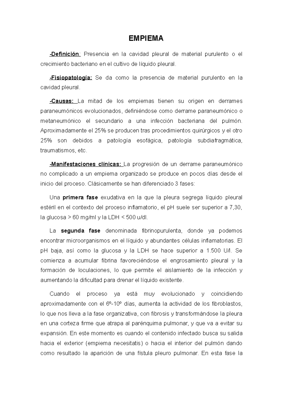 Resumen empiema - EMPIEMA -Definición : Presencia en la cavidad pleural ...