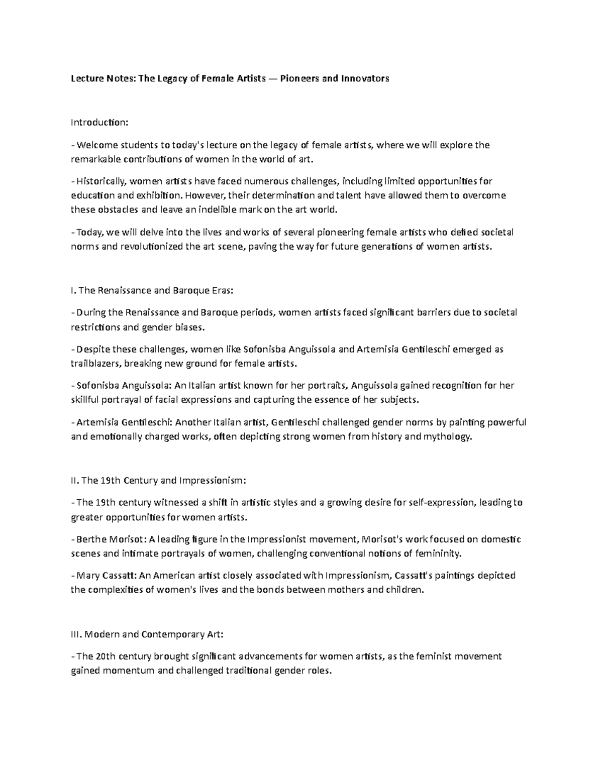 Lecture Notes: The Legacy of Female Artists — Pioneers and Innovators ...