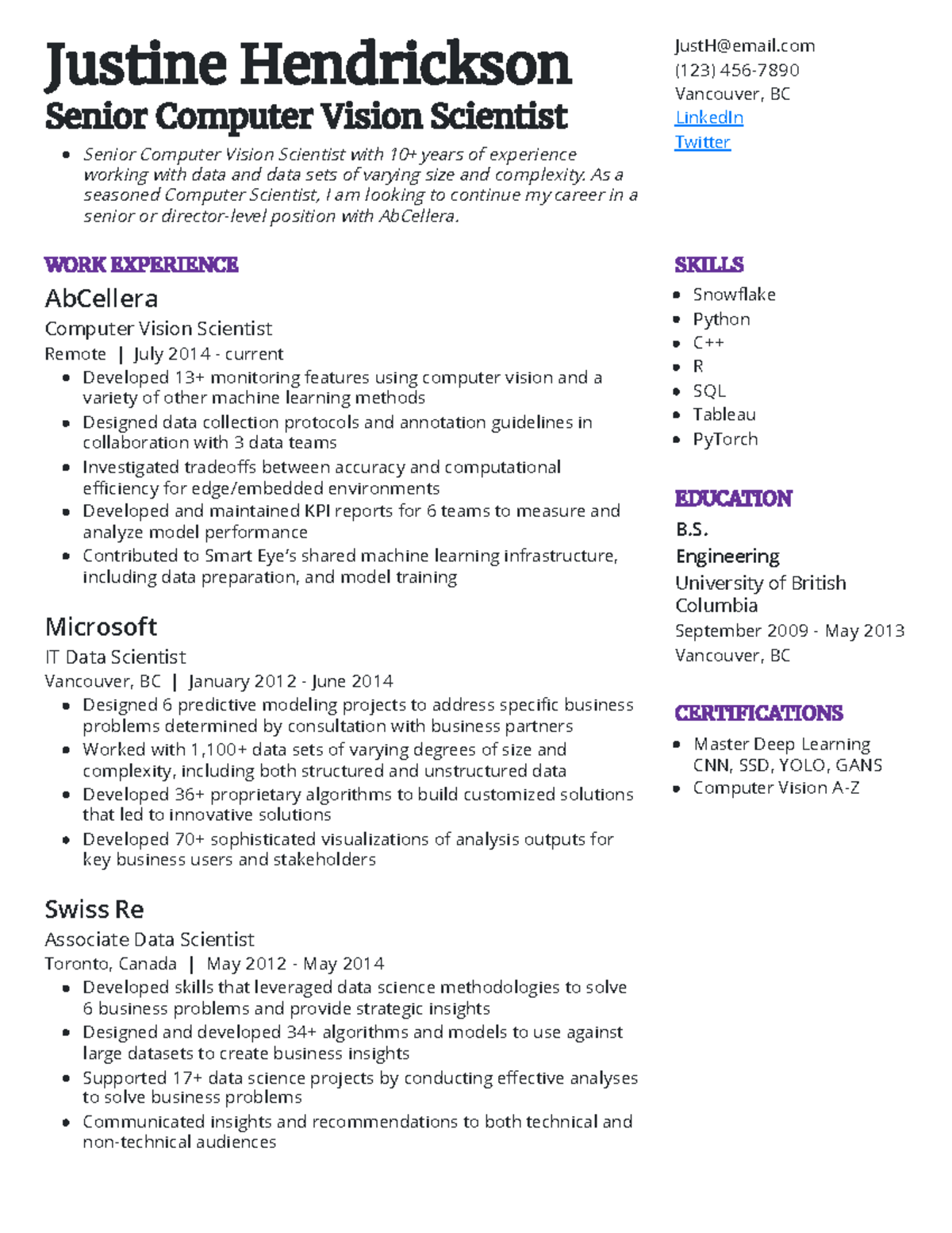Senior computer vision scientist resume example - Justine Hendrickson Senior Computer Vision ...
