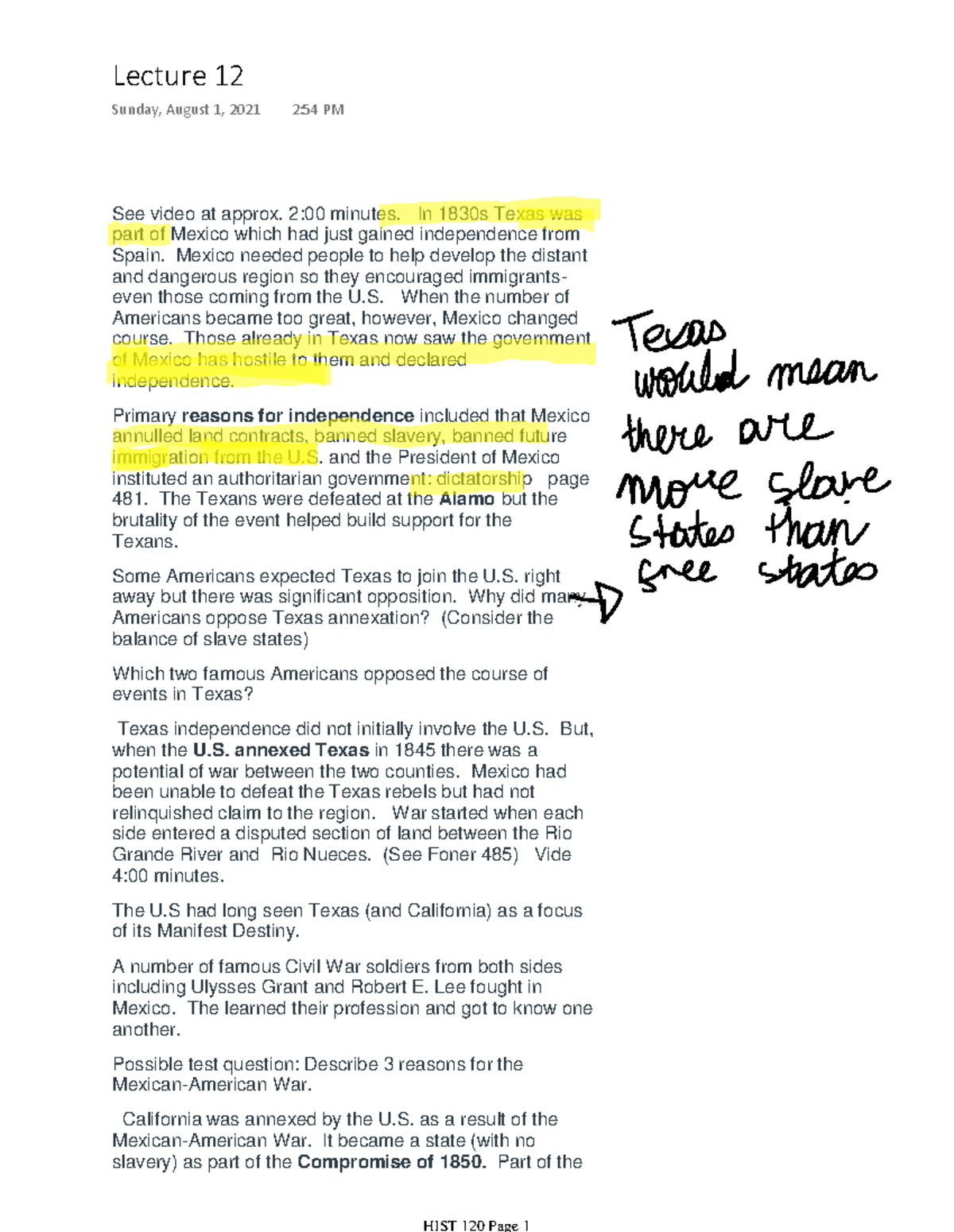 Lecture 12 - Notes - See video at approx. 2:00 minutes. In 1830s Texas ...